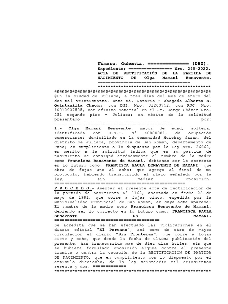 Acta Rectificacion de Partida de Olga Mamani Benavente | PDF | Documento de identidad | Perú