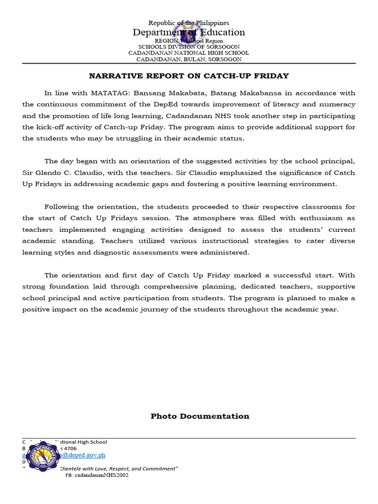 CATCH-UP Friday Narrative Report | PDF | Teachers | Learning Methods