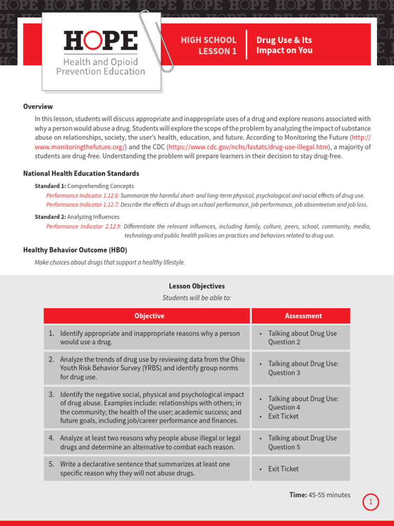 HOPECurriculum HighSchool Lesson1 August2020 | PDF | Substance Abuse ...
