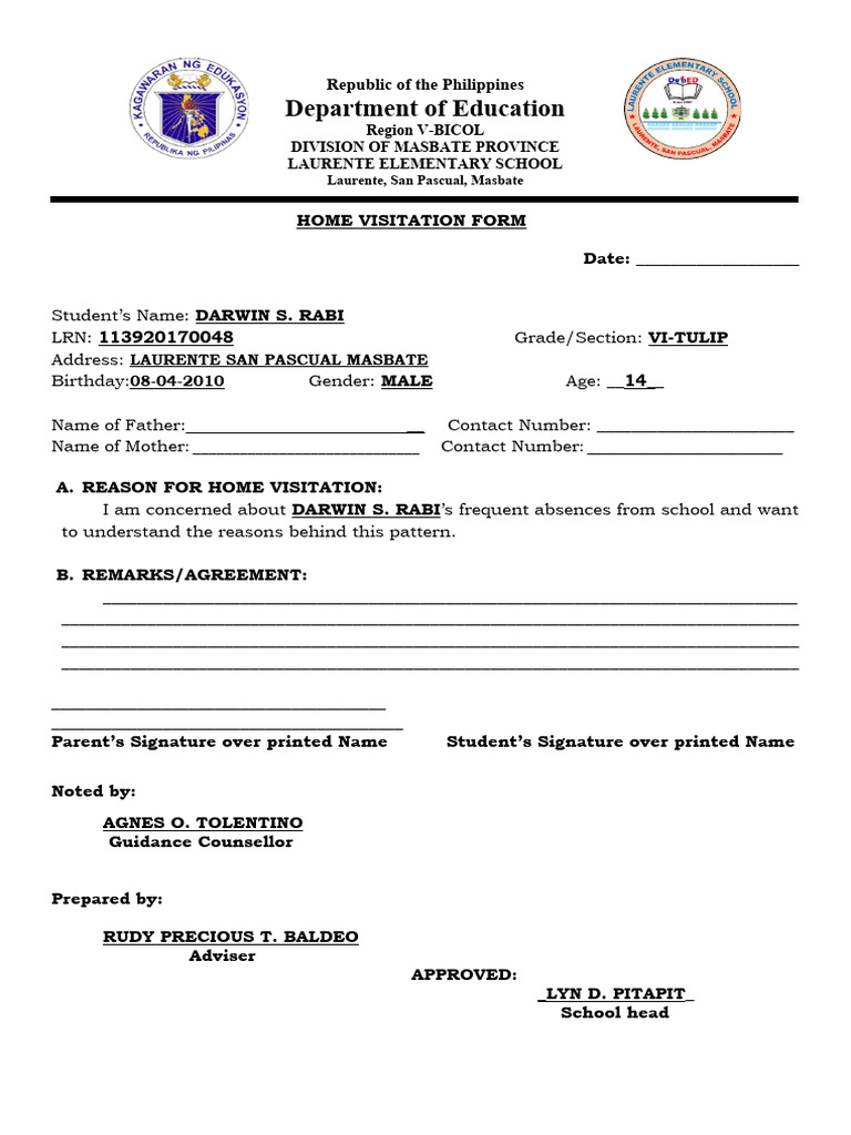 Home Visitation Form Deped | PDF