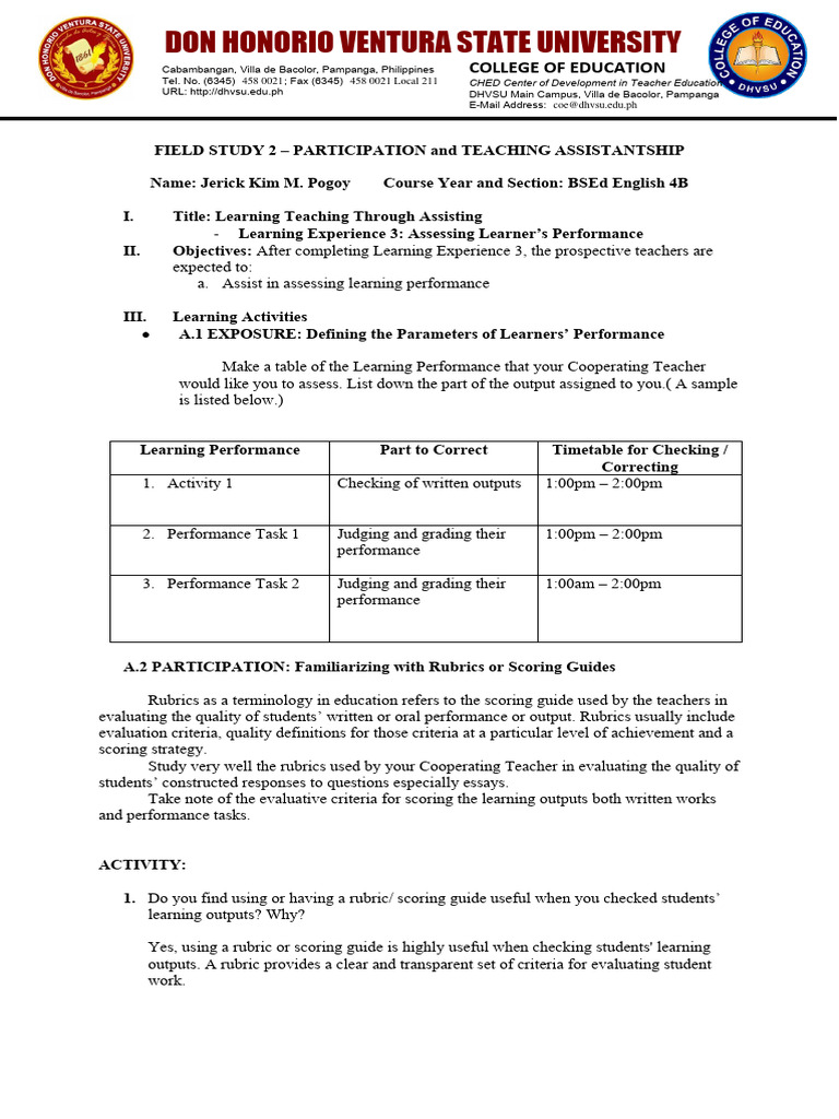 FS2 Learning Experience 3 | PDF | Rubric (Academic) | Behavior Modification