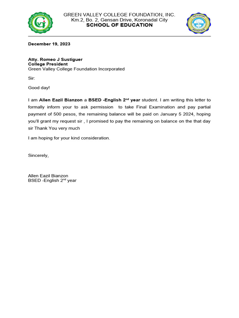 Sample Student Excuse Letter | PDF