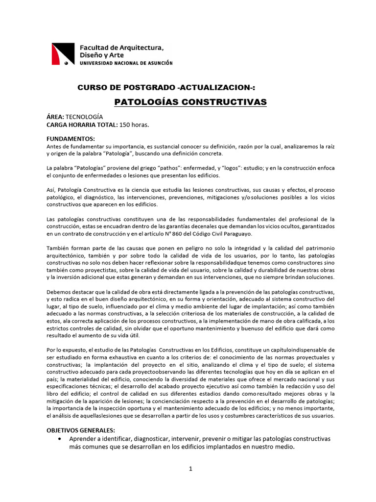 CURSO Postgrado Patologías Constructivas Fundamentaciones Objetivos Contenidos Bibliografía ...