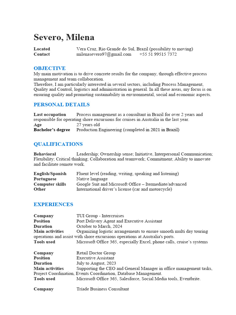 MILENA - Resumé 2024 | PDF | Business