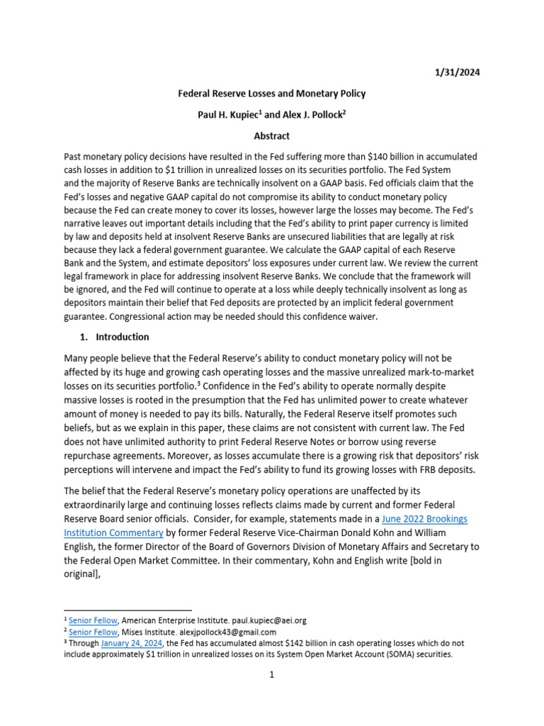 Fed Losses and Monetary Policy Jan 31 - 2024 WP | PDF | Fractional ...