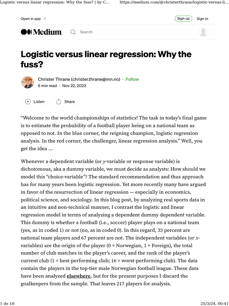 Logistic Versus Linear Regression Why The Fuss by Christer Thrane ...