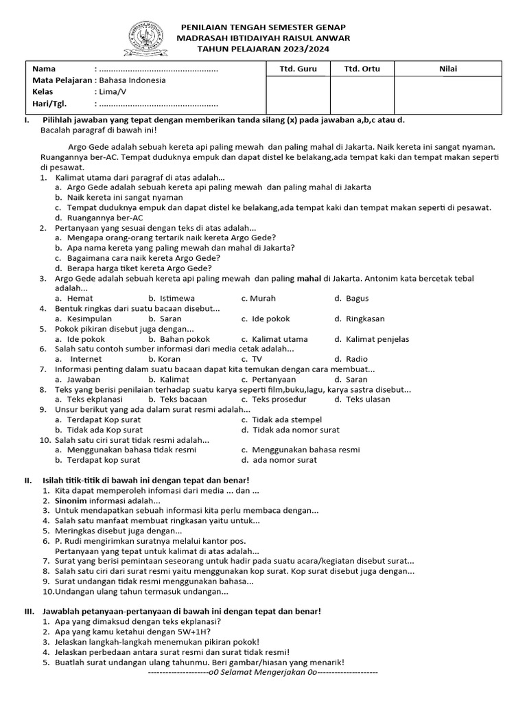 Soal PTS 2 B. Indonesia Kls 5 - 2023 - 2024 | PDF