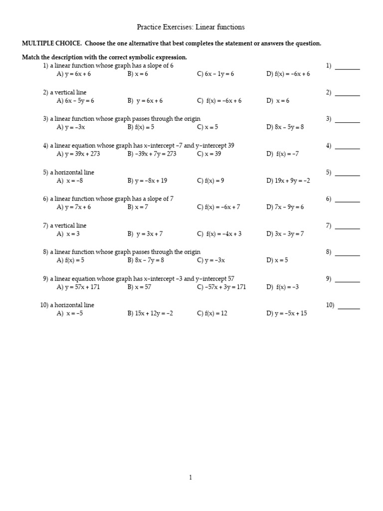 Linear Functions Exercises | PDF | Function (Mathematics) | Line (Geometry)