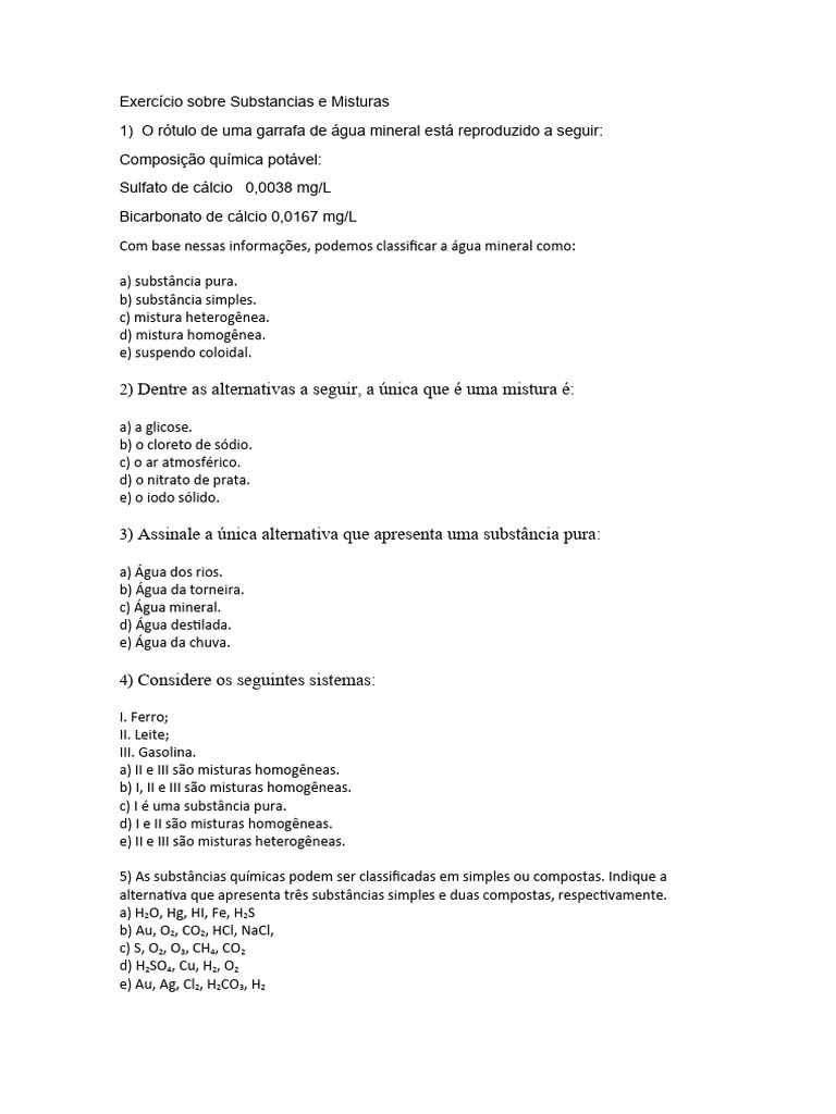 Exercício Sobre Substancias e Misturas | PDF