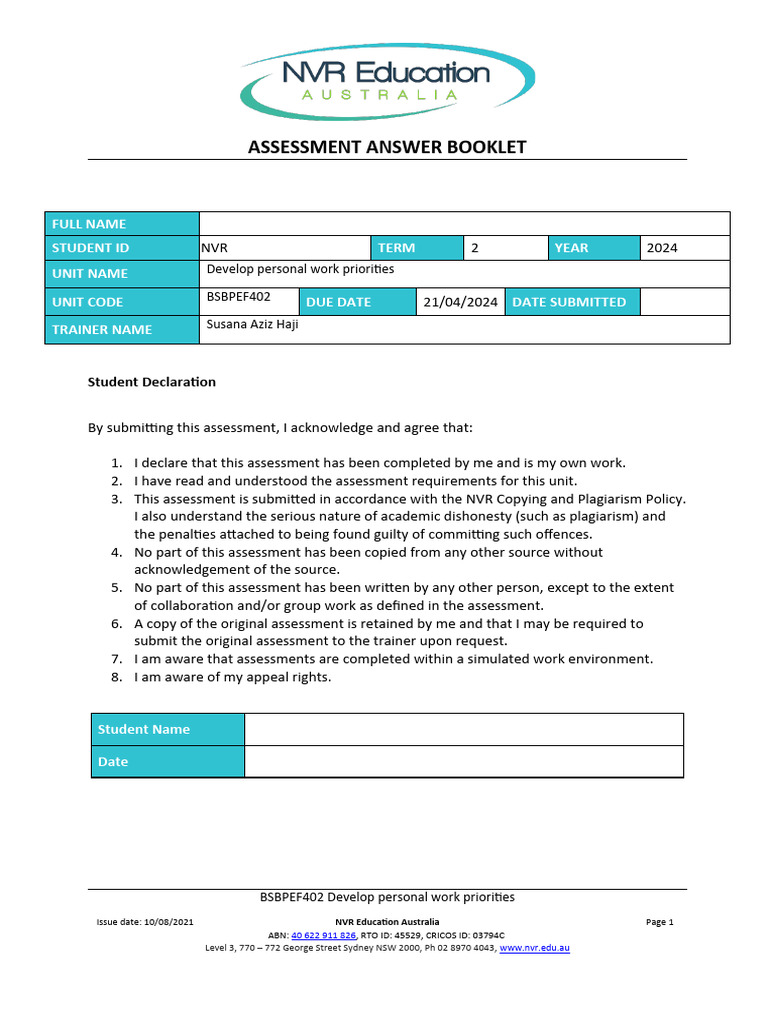 BSBPEF402 Assessment Answer Booklet | PDF | Plagiarism