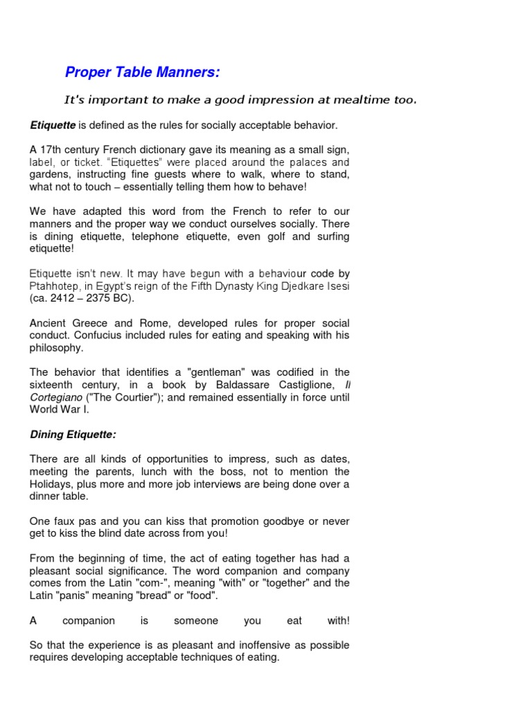 Proper Table Manners | PDF | Etiquette | Tableware