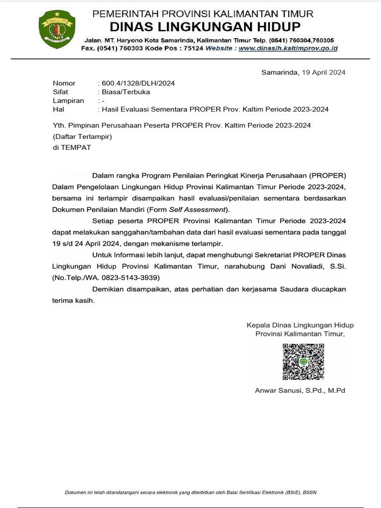 Surat Hasil Evaluasi Sementara PROPER 2024 - OKE | PDF