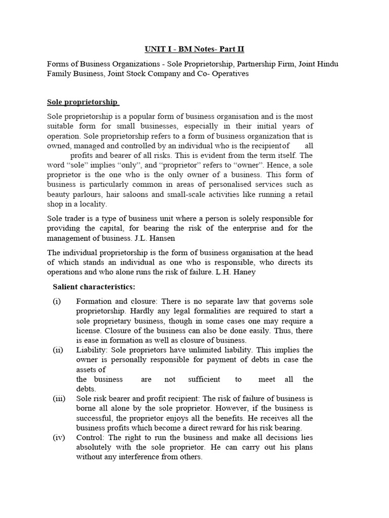 BM notes- Part II | PDF | Partnership | Sole Proprietorship