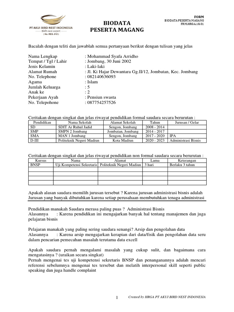 3. Form Biodata Peserta Magang | PDF