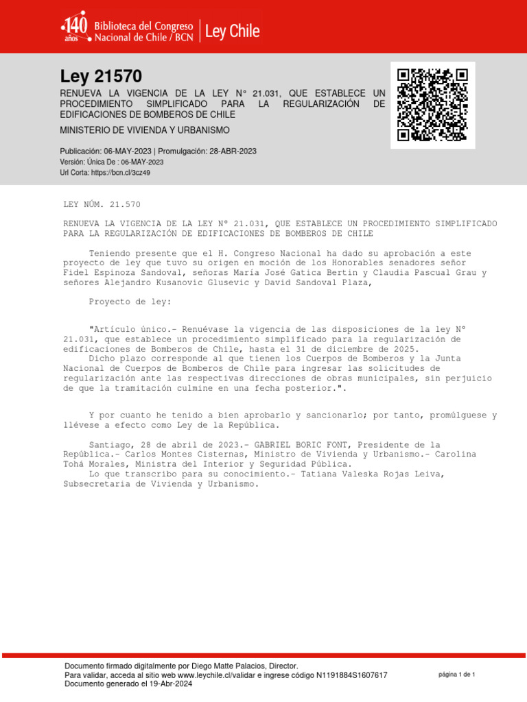 Renovación Ley 21570 para Bomberos | PDF