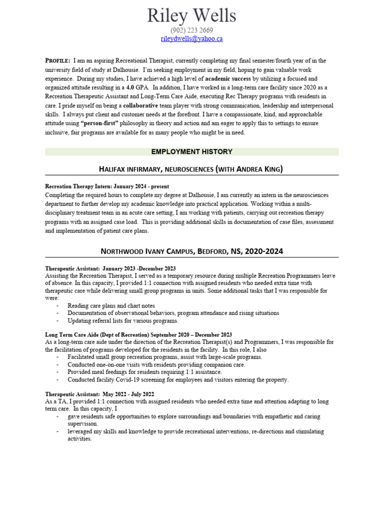 Riley Wells Resume March 2024 | PDF | Psychotherapy | Recreation