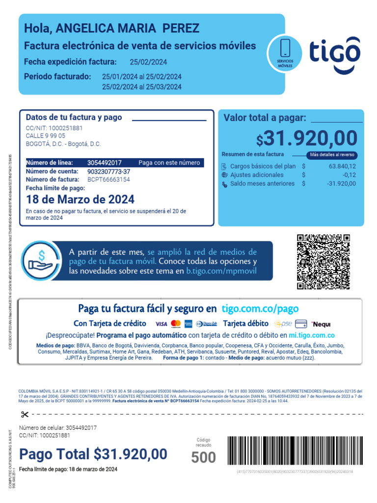 Factura Tigo | PDF | Tecnología bancaria | Pagos