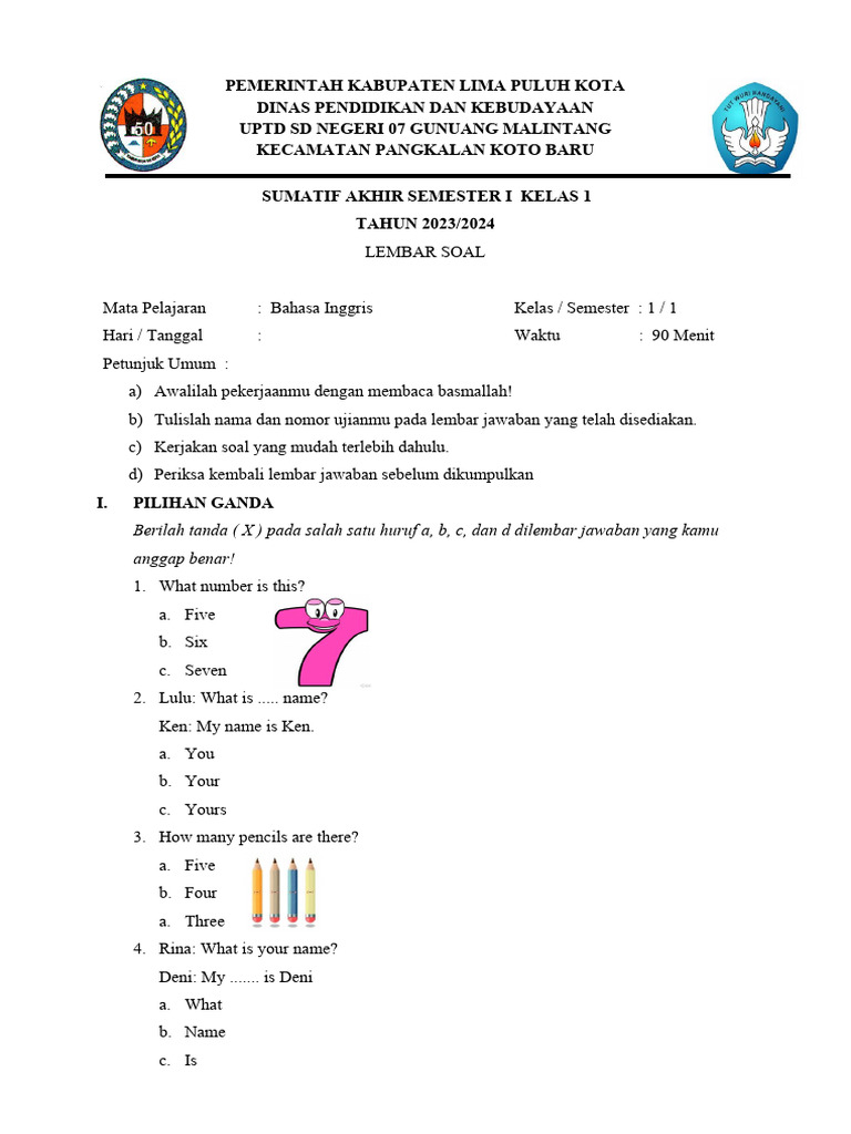 Soal Uas Sem 1 Kelas 1 | PDF | Artistic Techniques | Visual System