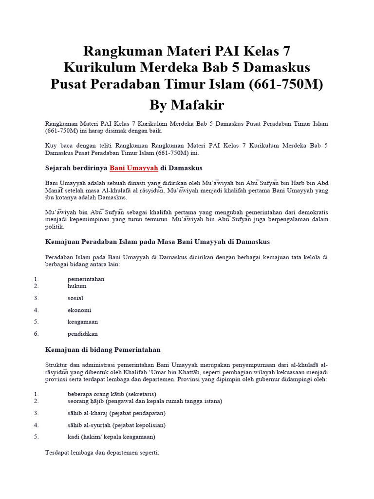 Rangkuman Materi PAI Kelas 7 Kurikulum Merdeka Bab 5 Damaskus Pusat Peradaban Timur Islam | PDF