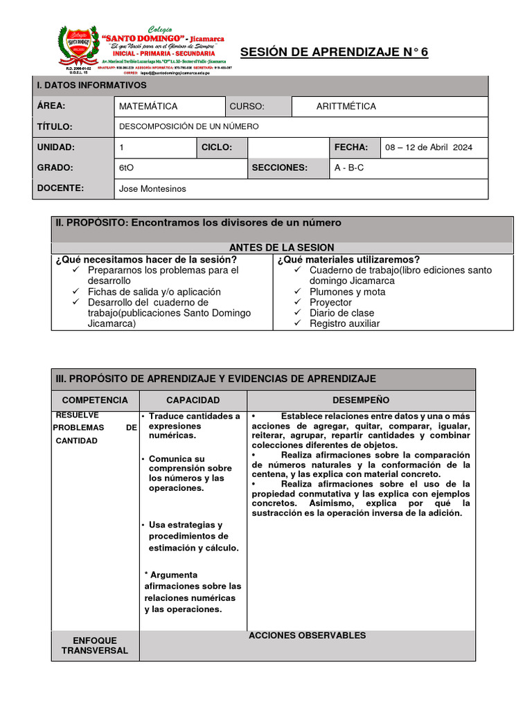 SESIÓN DE APRENDIZAJE No 6 ARITMÉTICA 6TO A, B,C PRIMARIA | PDF | Aprendizaje | Modificación de ...