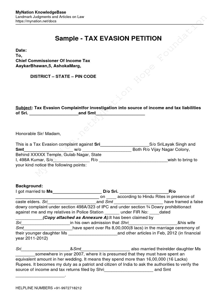 Sample - Tax Evasion Petition: Mynation Knowledgebase | PDF | Taxes ...