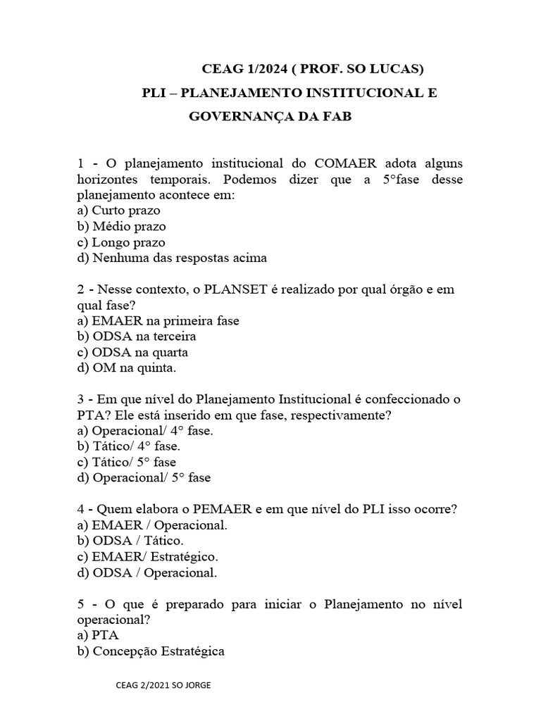 Pli Questoes Com Gabarito Ceag 2 2021 | PDF | Planejamento | Cadeia de ...