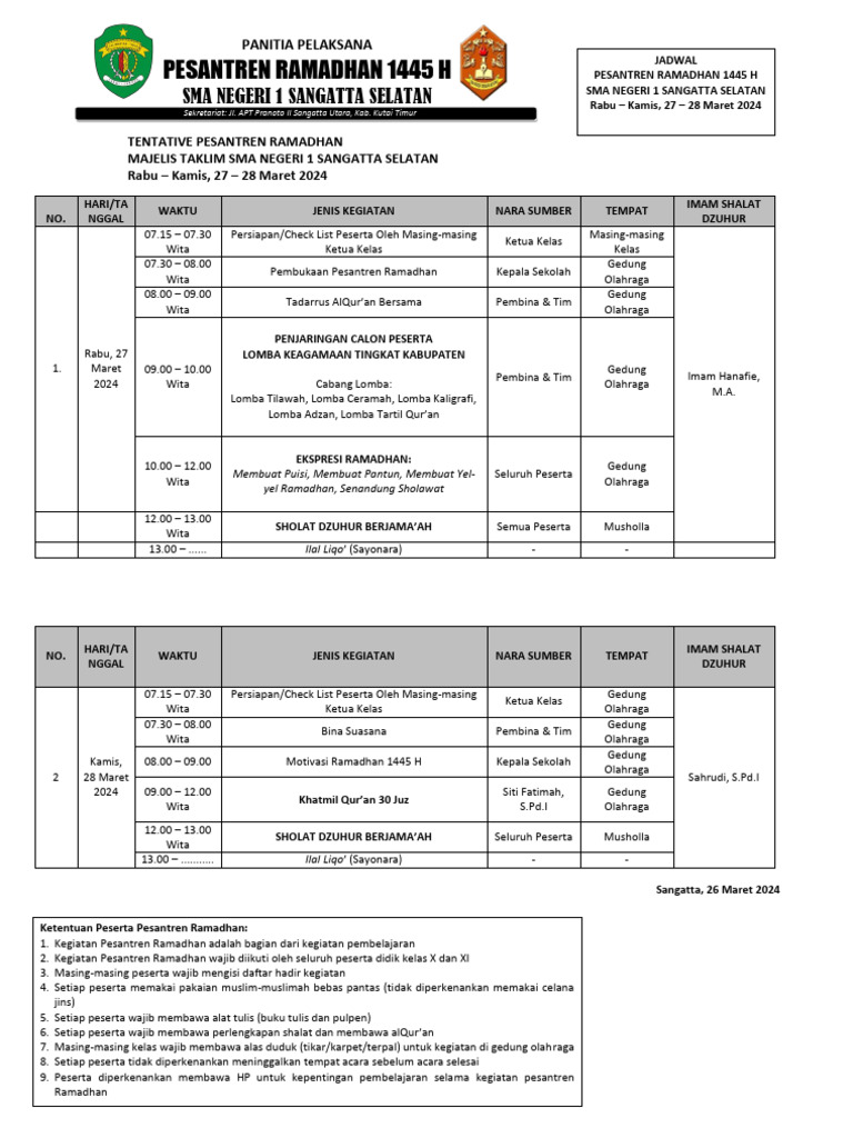 Jadwal Pesantren Ramadhan 2024 | PDF
