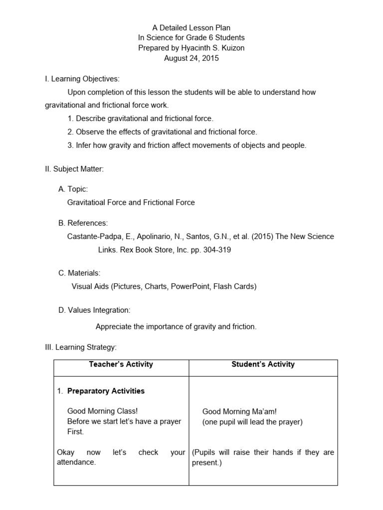 A Detailed Lesson Plan | PDF | Force | Friction