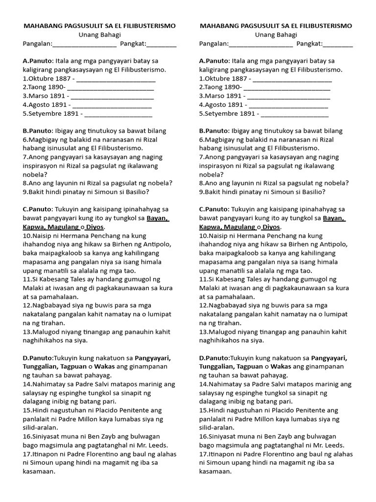 MAHABANG PAGSUSULIT SA EL FILIBUSTERISMO-unang Bahagi | PDF