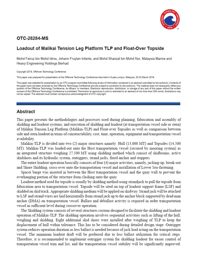 Offshore Technology Conference Asia - Loadout of Malikai Tension Leg ...