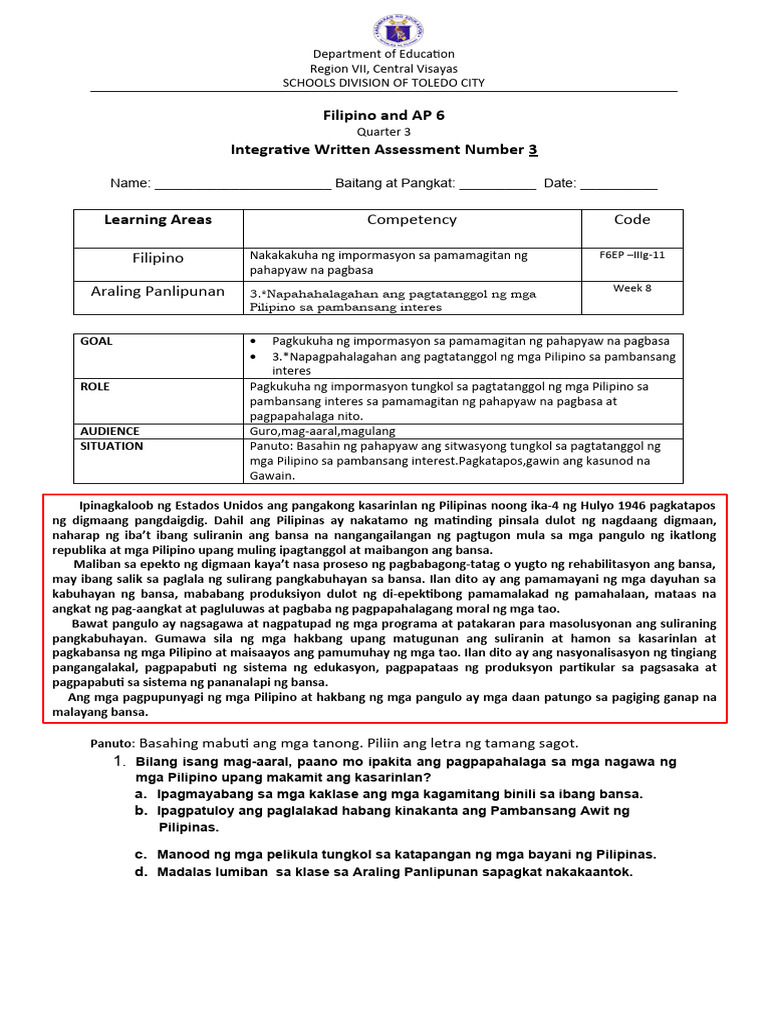 NO.3 Integrative Written Assessment in Fil.6AP6 1 | PDF