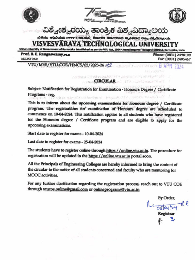 Circular COE Notification For Registration For Examination Honours Degree Certificate Programmes ...