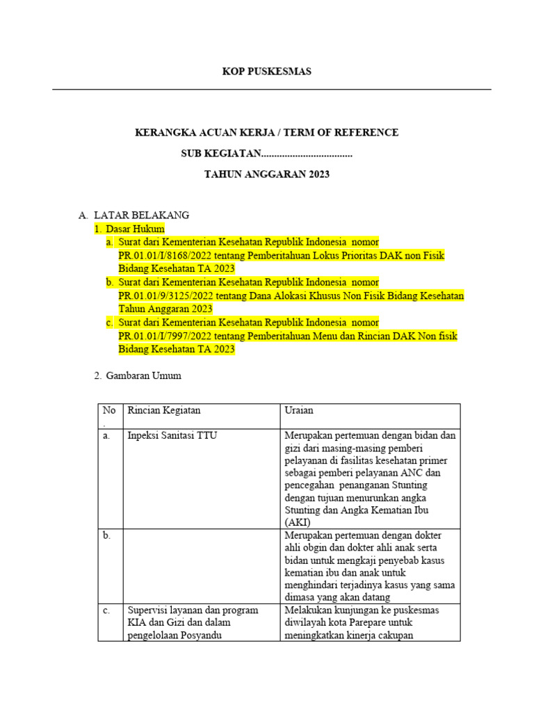 Contoh Kak Tahun 2023 - Puskesmas | PDF