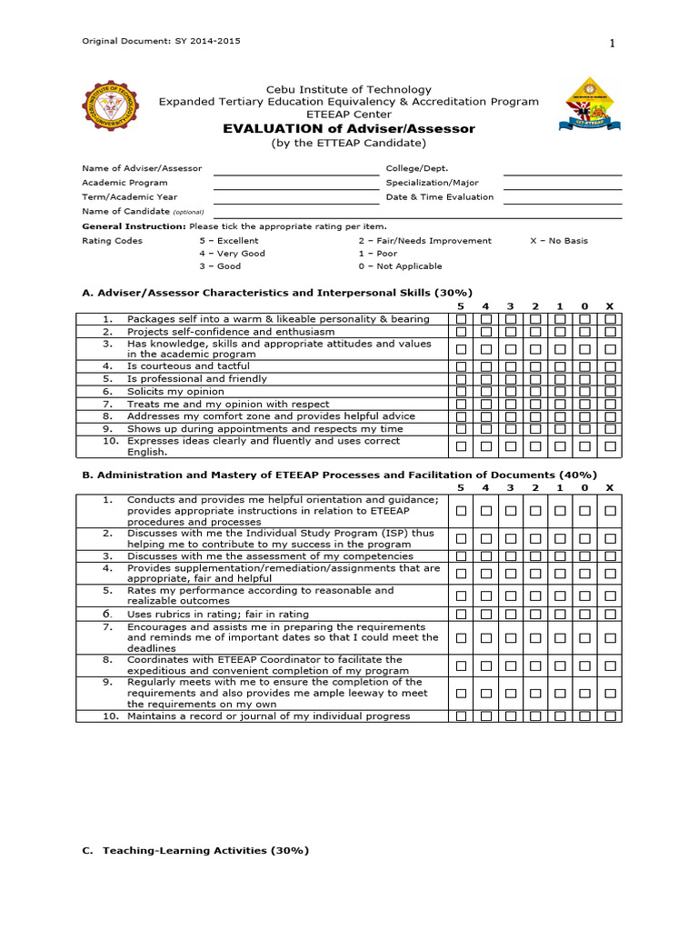 Adviser Assessor Evaluation by ETEEAP Candidate | PDF | Evaluation ...