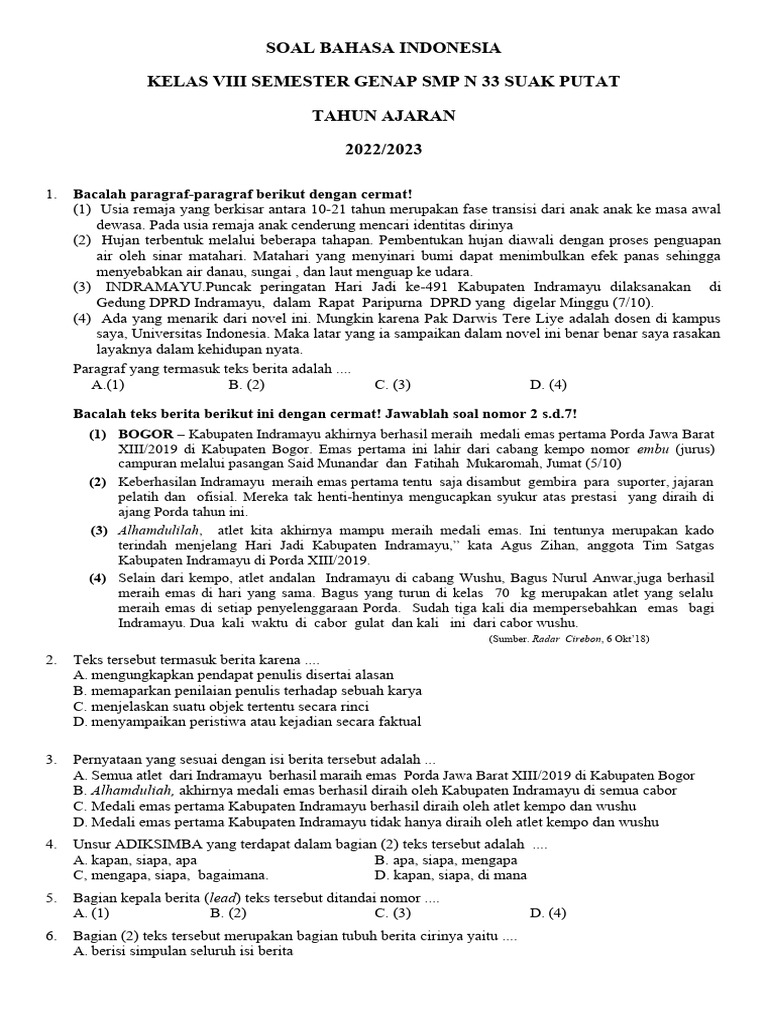 Soal Bhs Indonesia Kelas Viii | PDF