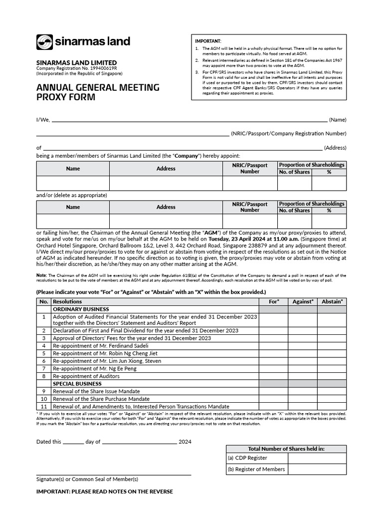 Sinarmas Land AGM Proxy Details | PDF | Proxy Voting | Business