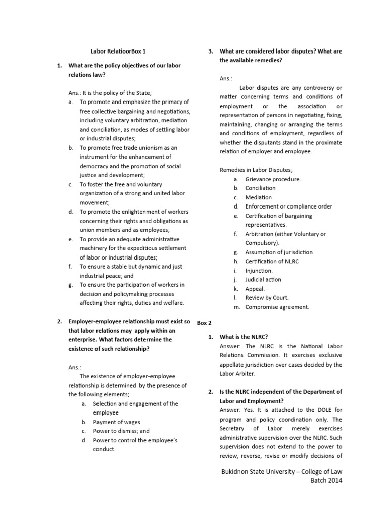 Labor Relations Box Questions Azucena Final | PDF | Employment | Mediation