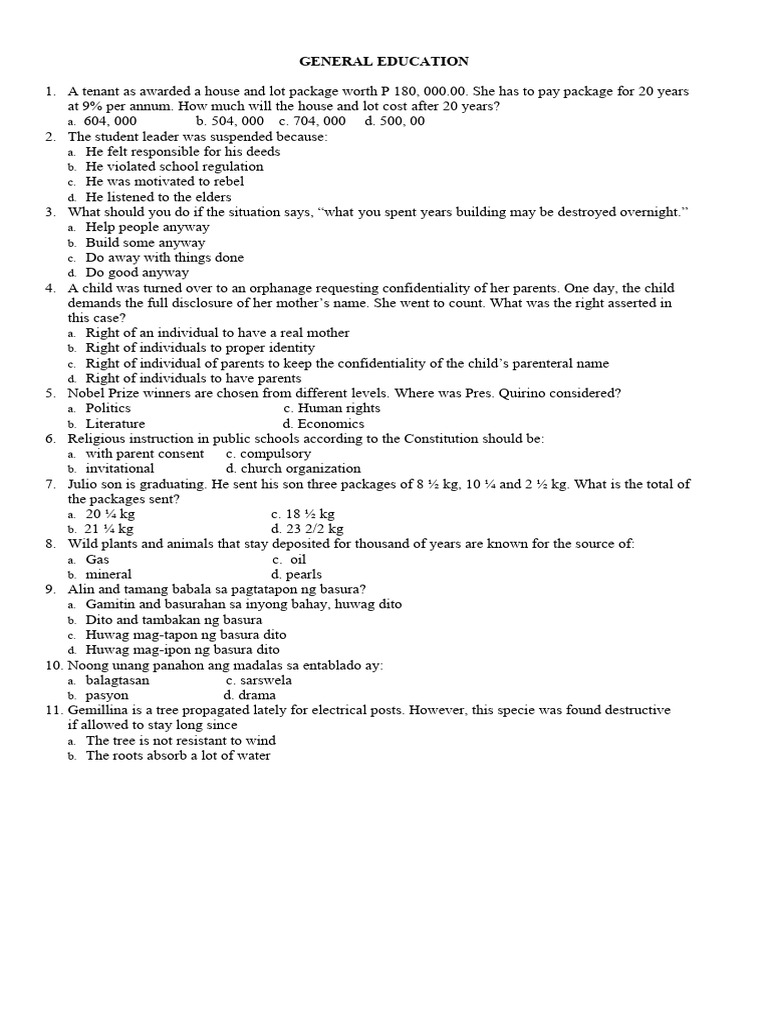 General Education Assessment Questions | PDF | Tagalog Language