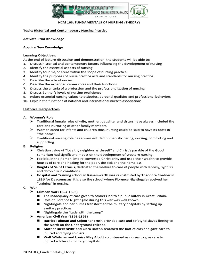 Prelim NCM 103 Theory Module 1 | PDF | Nursing | Florence Nightingale