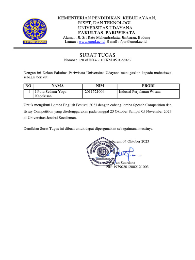 Contoh Surat Tugas Dari Fakultas | PDF
