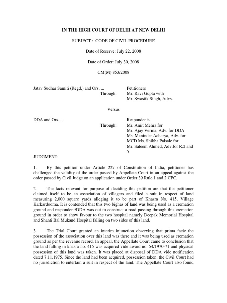 Jatav Sudhar Samiti vs. DDA | PDF | Lawsuit | Appeal