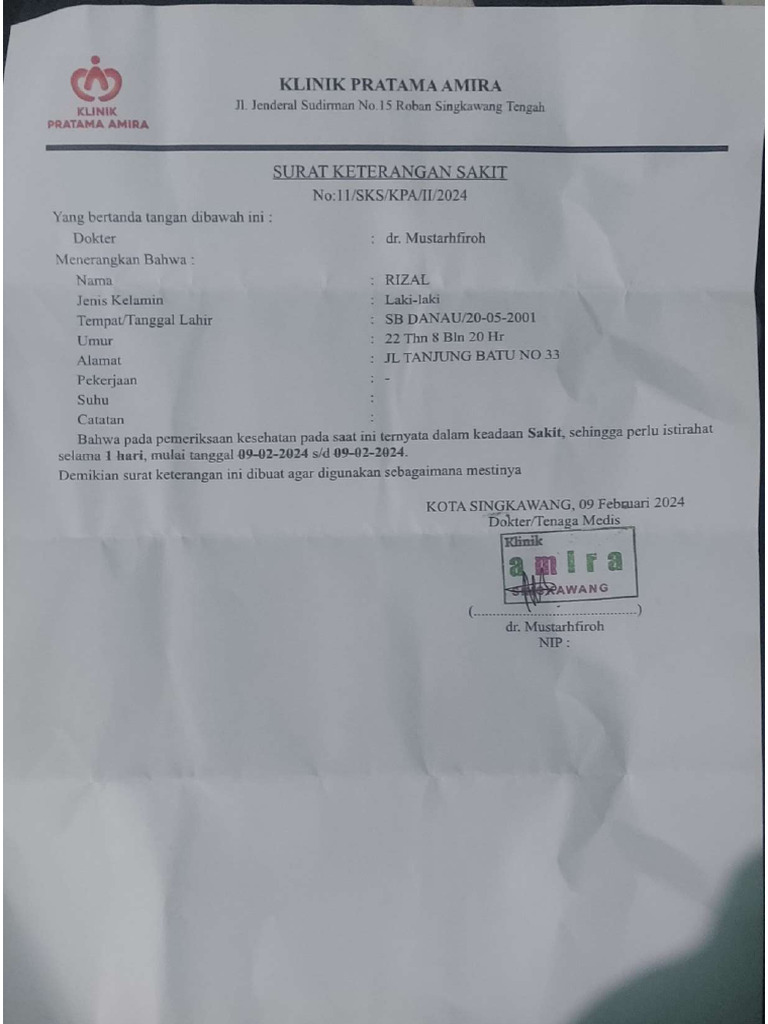 Surat Keterangan Sakit Klinik Amira Singkawang | PDF