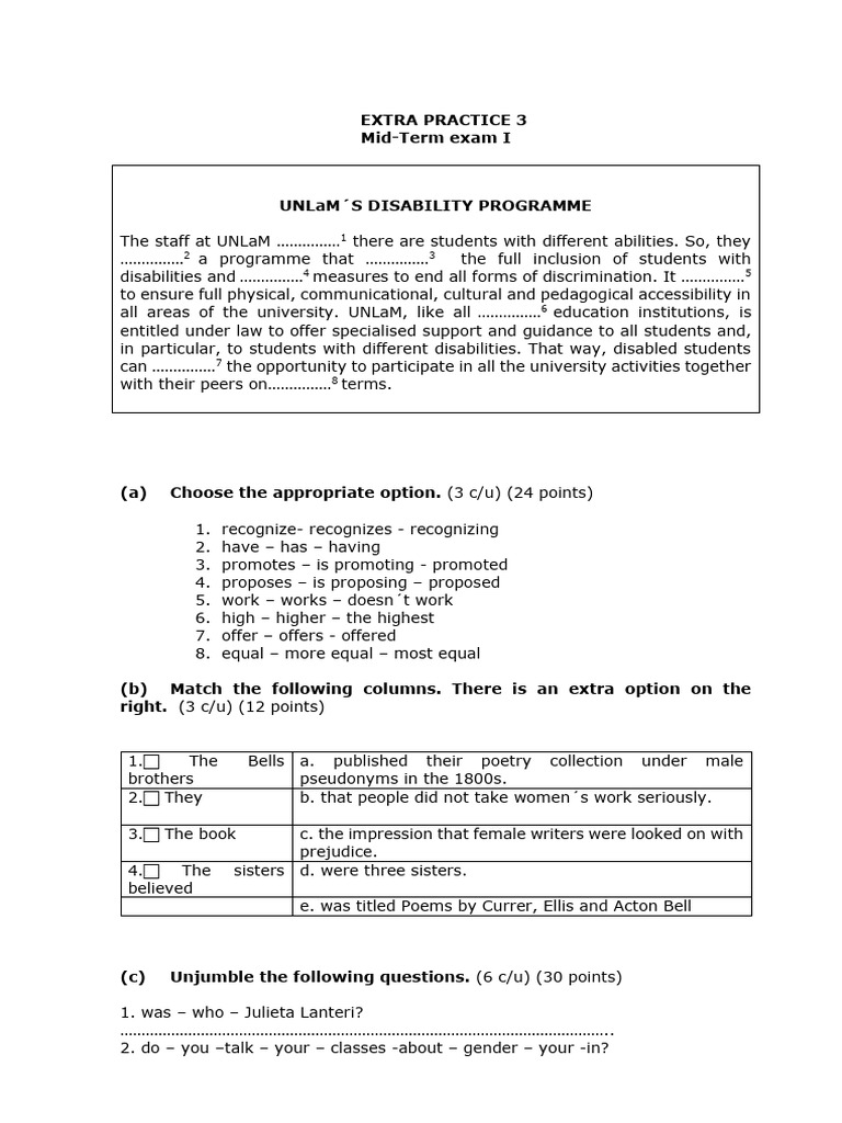 Mid Term I - Extra Practice 3 WITH KEY - 1 | PDF | Disability | Justice