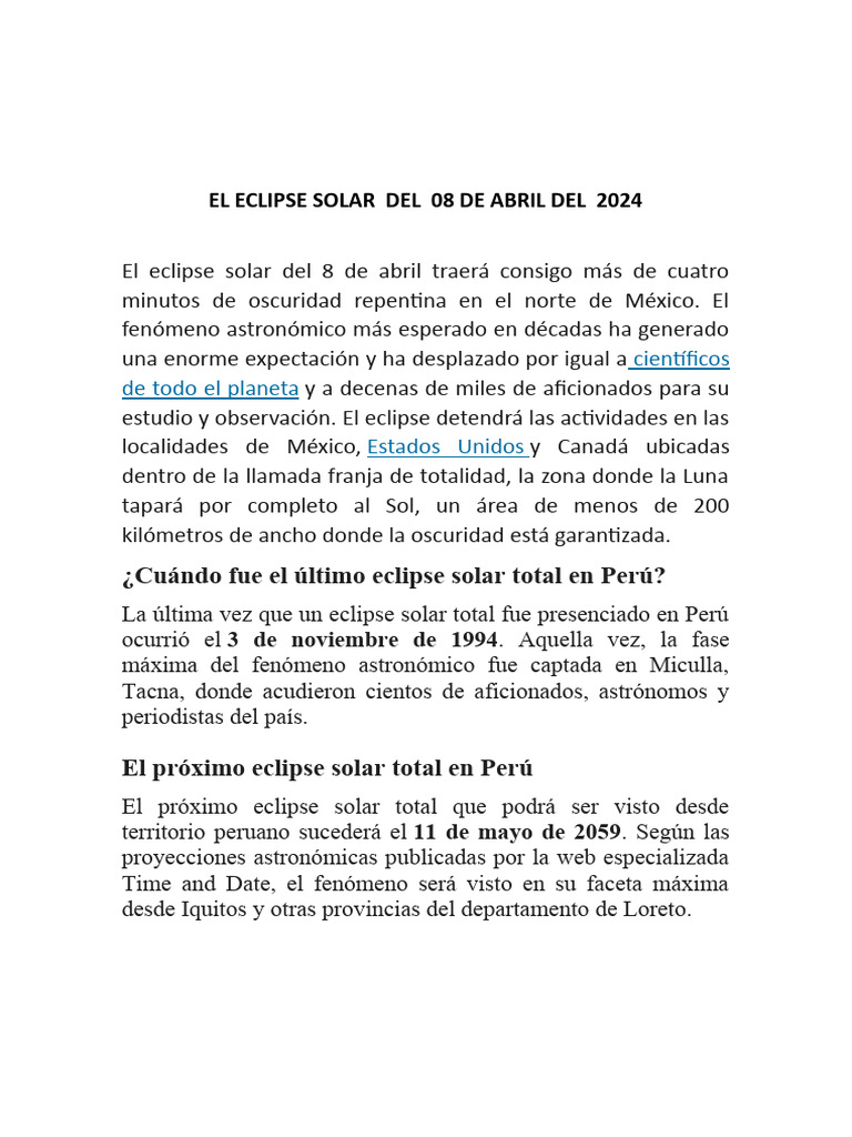 El Eclipse Solar Del 08 de Abril Del 2024 | PDF | Eclipse solar | Eclipse