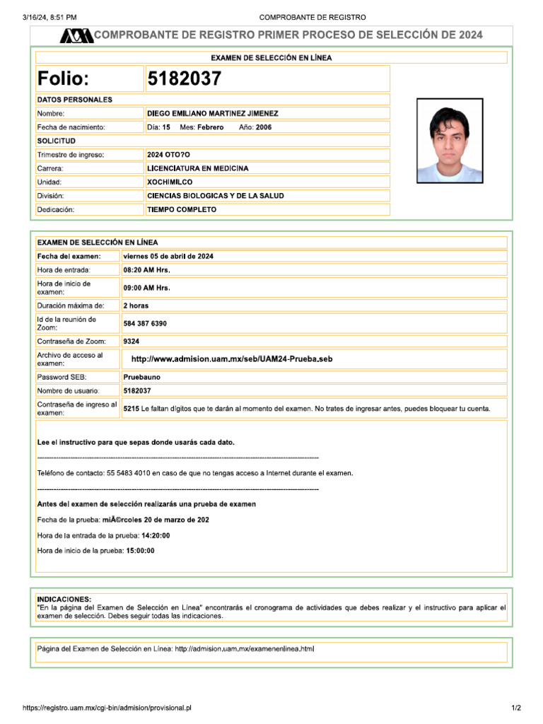 Comprobante de Registro Uam | PDF