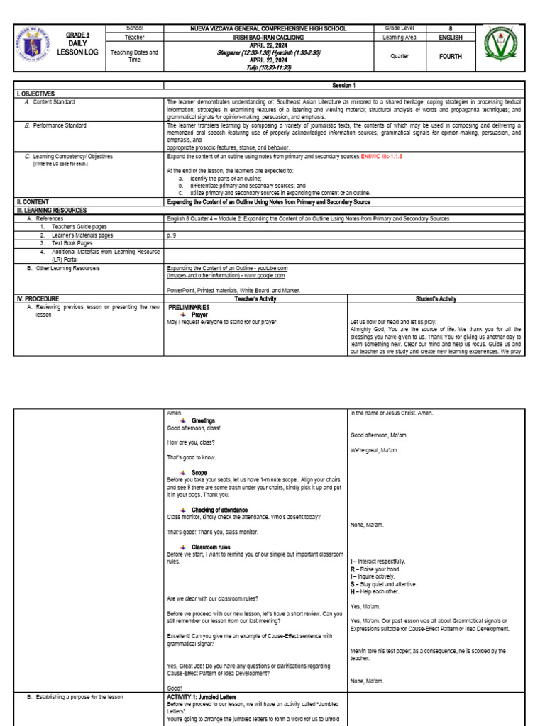 Expanding Outlines in Grade 8 English | PDF | Primary Sources | Learning