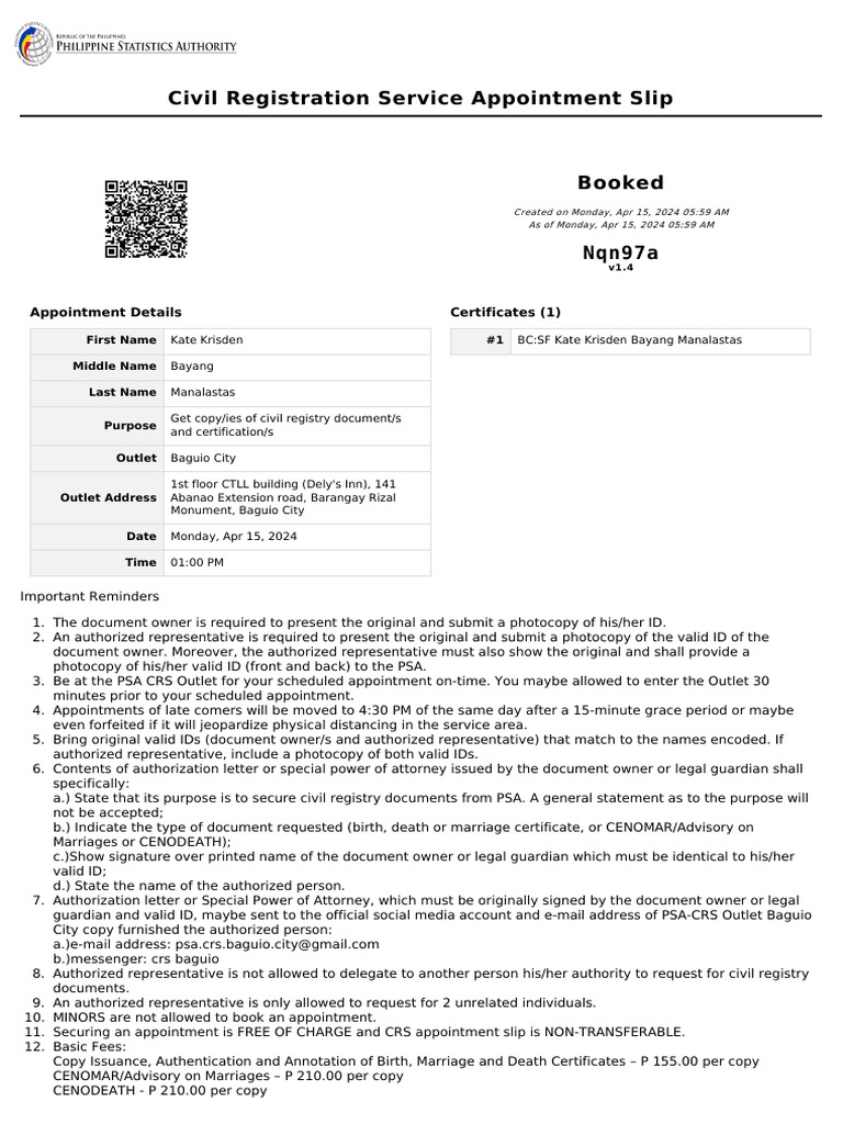 Civil Registration Service Appointment Slip | PDF