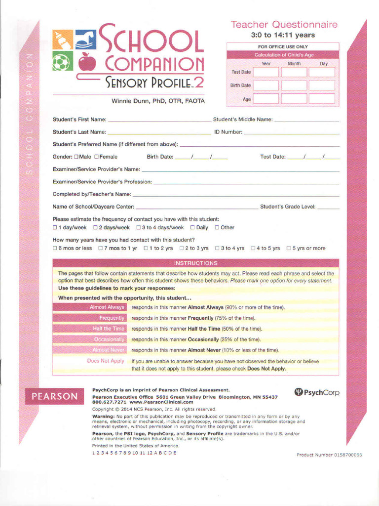 School Questionaire Sensory Profile 3-14.11 Years | PDF