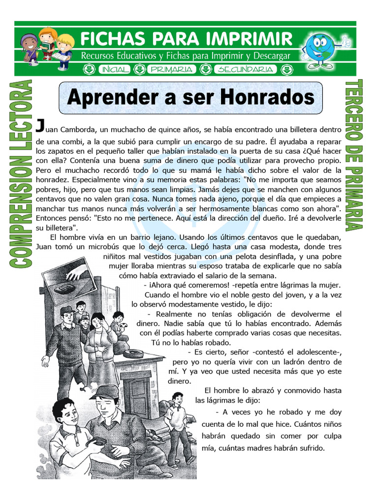 Ficha Aprender A Ser Honrados para Tercero de Primaria | PDF