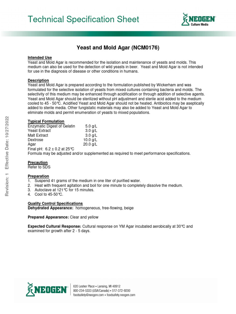 Official - ncm0176 - Yeast and Mold Agar - Technical Specifications - en Us | PDF | Agar | Yeast